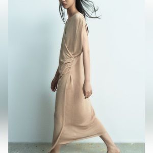 Zara | Dresses | Zara Linen Blend Ruched Knit Midi Dress Sand Color Nwt ...